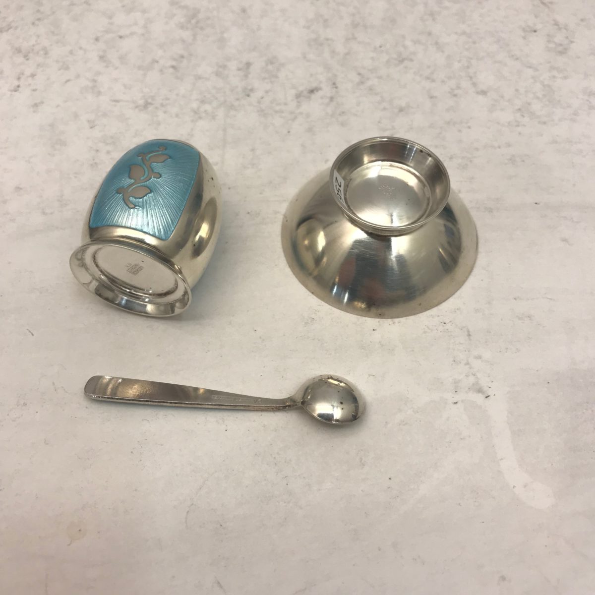 Silver and blue enamel salt and pepper with spoon - SOLD | Kalms Antiques